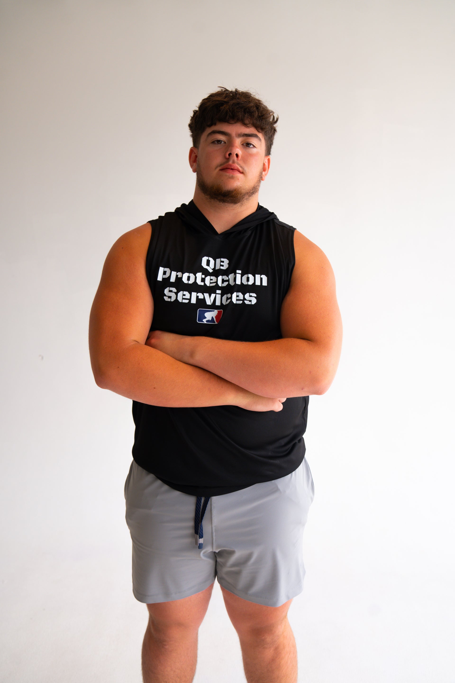 QB PROTECTION SERVICES - Hooded Muscle Tee – Lineman Probs